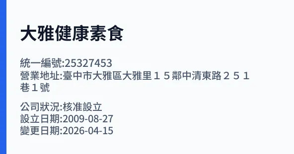 大雅健康素食的照片-統編 25327453(臺中市) 公司登記資料與營業項目詳細圖表