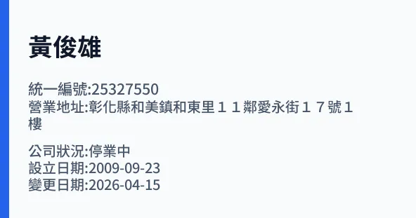 黃俊雄的照片-統編 25327550(彰化縣) 公司登記資料與營業項目詳細圖表