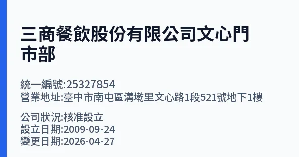 三商餐飲股份有限公司文心門市部的照片-統編 25327854(臺中市) 公司登記資料與營業項目詳細圖表