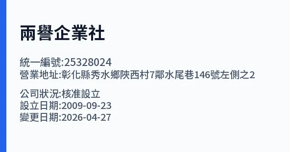 兩譽企業社的照片-統編 25328024(彰化縣) 公司登記資料與營業項目詳細圖表