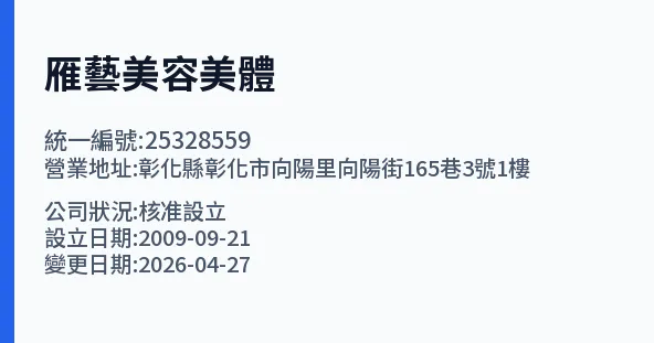 雁藝美容美體的照片-統編 25328559(彰化縣) 公司登記資料與營業項目詳細圖表
