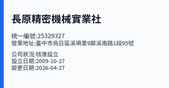 長原精密機械實業社的照片-統編 25329327(臺中市) 公司登記資料與營業項目詳細圖表