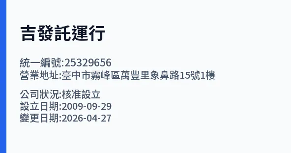 吉發託運行的照片-統編 25329656(臺中市) 公司登記資料與營業項目詳細圖表