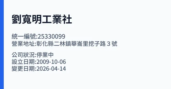 劉寬明工業社的照片-統編 25330099(彰化縣) 公司登記資料與營業項目詳細圖表
