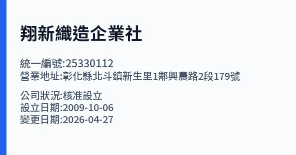 翔新織造企業社的照片-統編 25330112(彰化縣) 公司登記資料與營業項目詳細圖表