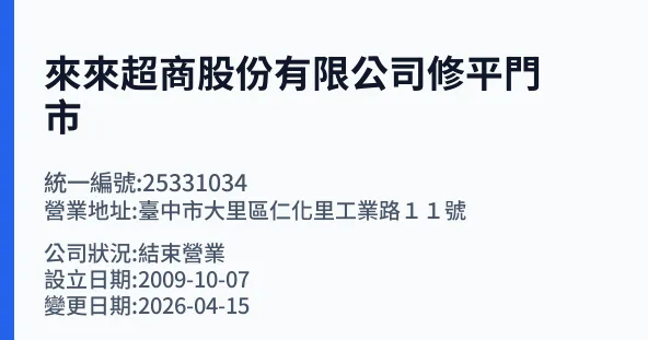 來來超商股份有限公司修平門市的照片-統編 25331034(臺中市) 公司登記資料與營業項目詳細圖表