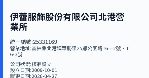 伊蕾服飾股份有限公司北港營業所的照片-統編 25331169(雲林縣) 公司登記資料與營業項目詳細圖表