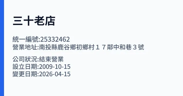 三十老店的照片-統編 25332462(南投縣) 公司登記資料與營業項目詳細圖表