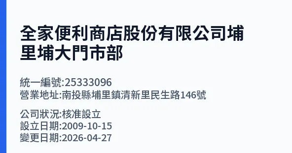 全家便利商店股份有限公司埔里埔大門市部的照片-統編 25333096(南投縣) 公司登記資料與營業項目詳細圖表
