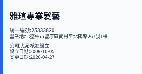 雅瑄專業髮藝的照片-統編 25333820(臺中市) 公司登記資料與營業項目詳細圖表