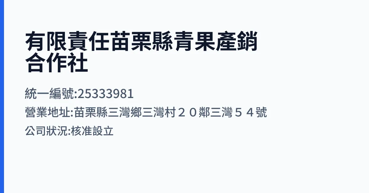 有限責任苗栗縣青果產銷合作社 - 統編 25333981(苗栗縣) 公司登記資料與營業項目詳細圖表
