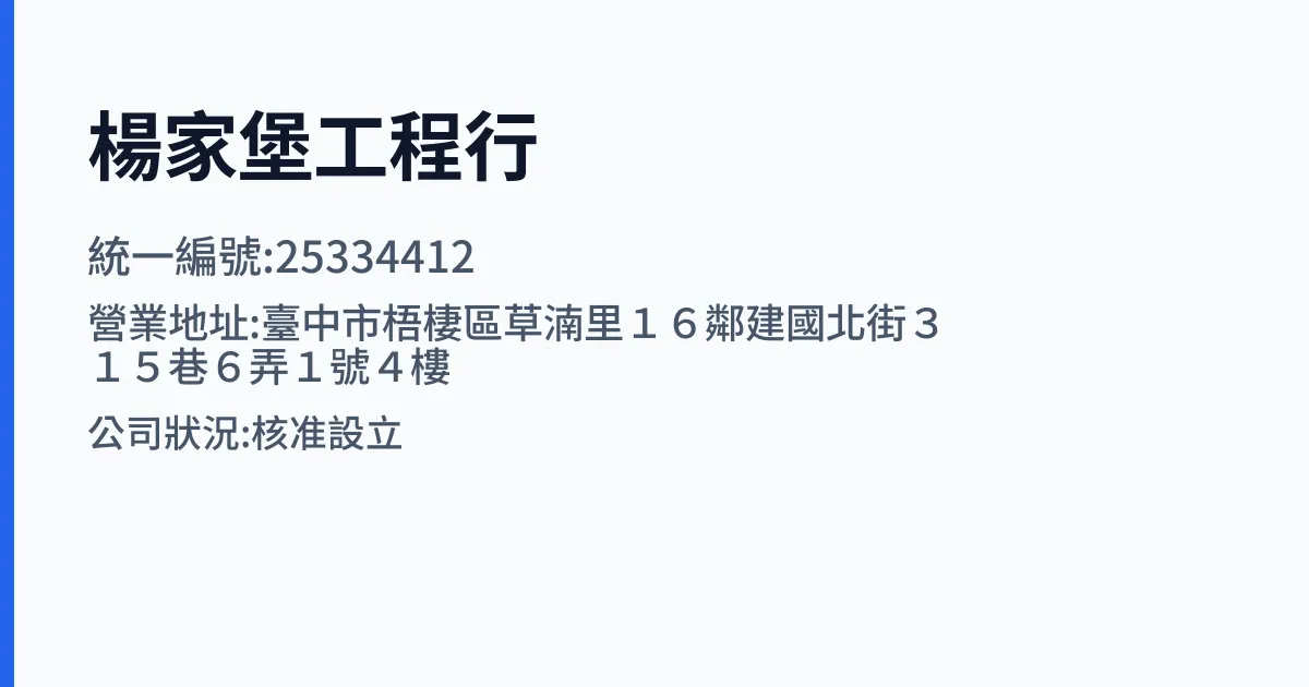 楊家堡工程行 - 統編 25334412(臺中市) 公司登記資料與營業項目詳細圖表