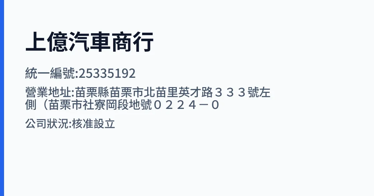 上億汽車商行 - 統編 25335192(苗栗縣) 公司登記資料與營業項目詳細圖表