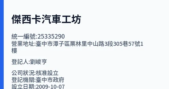 傑西卡汽車工坊的照片-統編 25335290(臺中市) 公司登記資料與營業項目詳細圖表
