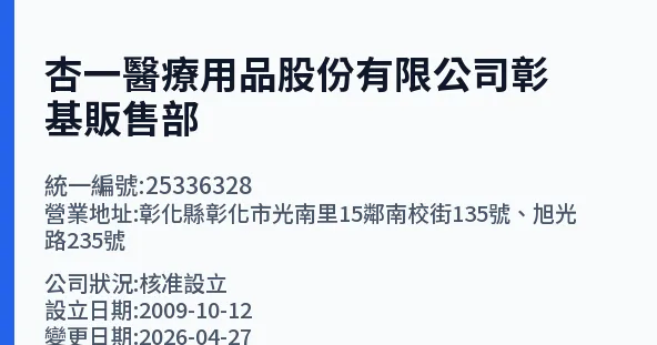 杏一醫療用品股份有限公司彰基販售部的照片-統編 25336328(彰化縣) 公司登記資料與營業項目詳細圖表