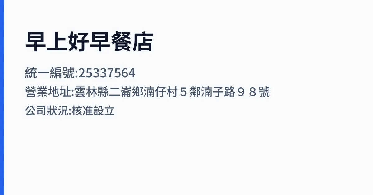 早上好早餐店 - 統編 25337564(雲林縣) 公司登記資料與營業項目詳細圖表