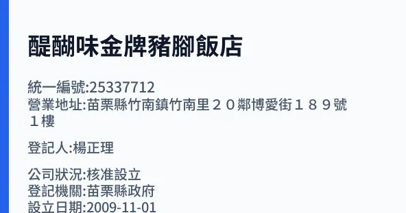 醍醐味金牌豬腳飯店的照片-統編 25337712(苗栗縣) 公司登記資料與營業項目詳細圖表
