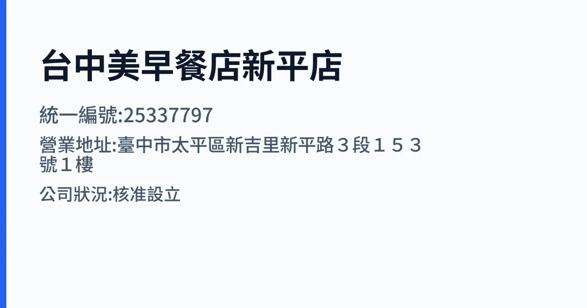 台中美早餐店新平店 - 統編 25337797(臺中市) 公司登記資料與營業項目詳細圖表
