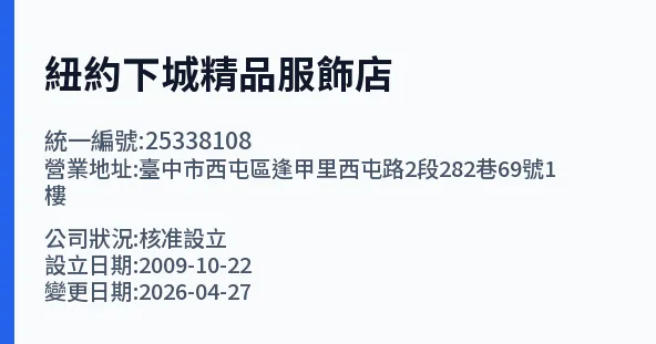 紐約下城精品服飾店的照片-統編 25338108(臺中市) 公司登記資料與營業項目詳細圖表