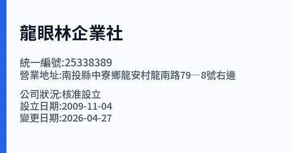龍眼林企業社的照片-統編 25338389(南投縣) 公司登記資料與營業項目詳細圖表