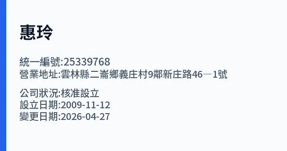 惠玲的照片-統編 25339768(雲林縣) 公司登記資料與營業項目詳細圖表