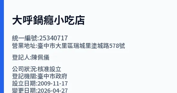 大呼鍋癮小吃店的照片-統編 25340717(臺中市) 公司登記資料與營業項目詳細圖表