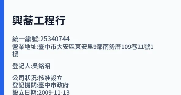 興蕎工程行的照片-統編 25340744(臺中市) 公司登記資料與營業項目詳細圖表