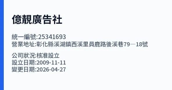 億靚廣告社的照片-統編 25341693(彰化縣) 公司登記資料與營業項目詳細圖表