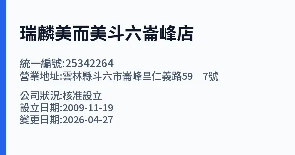 瑞麟美而美斗六崙峰店的照片-統編 25342264(雲林縣) 公司登記資料與營業項目詳細圖表