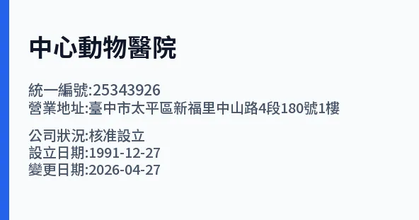 中心動物醫院的照片-統編 25343926(臺中市) 公司登記資料與營業項目詳細圖表