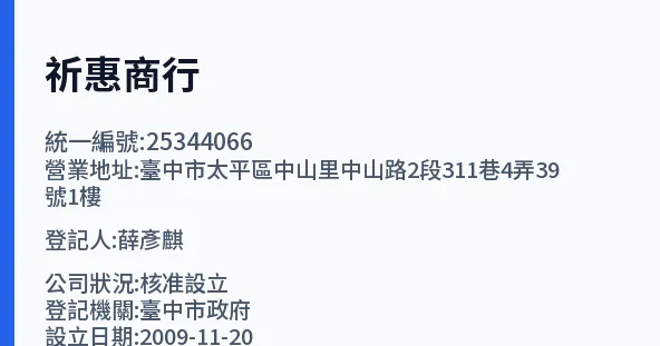 祈惠商行的照片-統編 25344066(臺中市) 公司登記資料與營業項目詳細圖表
