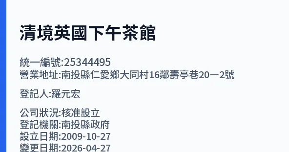 清境英國下午茶館的照片-統編 25344495(南投縣) 公司登記資料與營業項目詳細圖表