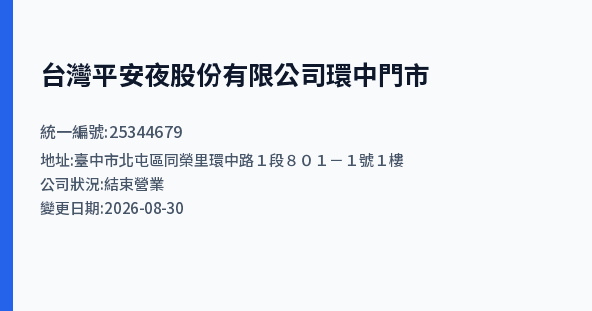 台灣平安夜股份有限公司環中門市的照片-統編 25344679(臺中市) 公司登記資料與營業項目詳細圖表