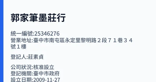 郭家筆墨莊行的照片-統編 25346276(臺中市) 公司登記資料與營業項目詳細圖表