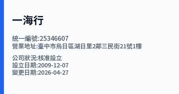 一海行的照片-統編 25346607(臺中市) 公司登記資料與營業項目詳細圖表