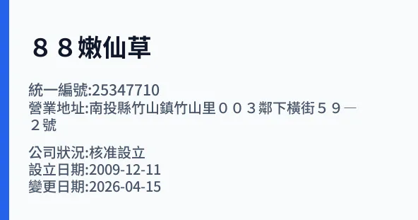 ８８嫩仙草的照片-統編 25347710(南投縣) 公司登記資料與營業項目詳細圖表