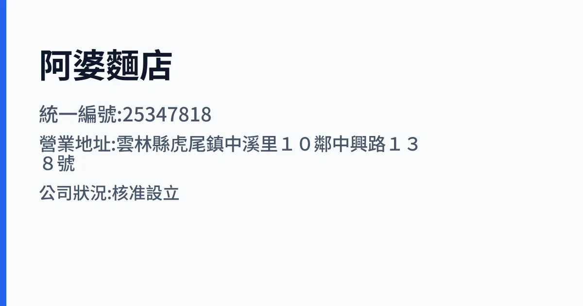 阿婆麵店 - 統編 25347818(雲林縣) 公司登記資料與營業項目詳細圖表