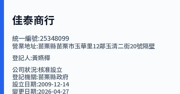 佳泰商行的照片-統編 25348099(苗栗縣) 公司登記資料與營業項目詳細圖表