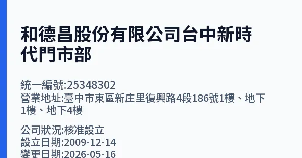 和德昌股份有限公司台中新時代門市部的照片-統編 25348302(臺中市) 公司登記資料與營業項目詳細圖表