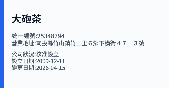 大砲茶的照片-統編 25348794(南投縣) 公司登記資料與營業項目詳細圖表