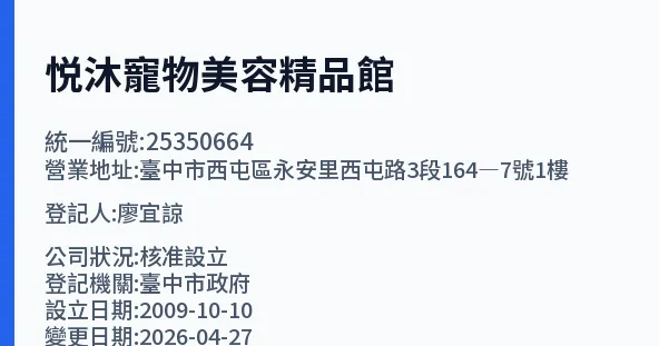悦沐寵物美容精品館的照片-統編 25350664(臺中市) 公司登記資料與營業項目詳細圖表