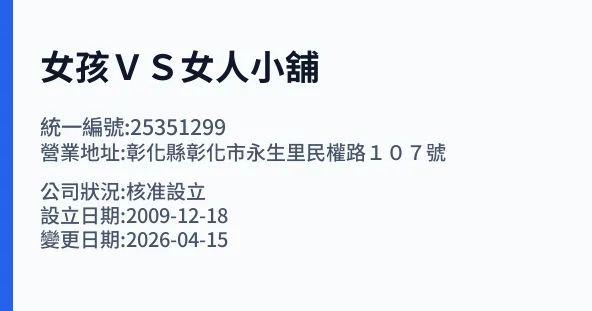 女孩ＶＳ女人小舖的照片-統編 25351299(彰化縣) 公司登記資料與營業項目詳細圖表