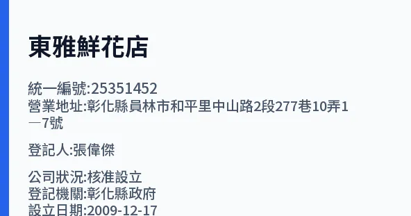 東雅鮮花店的照片-統編 25351452(彰化縣) 公司登記資料與營業項目詳細圖表