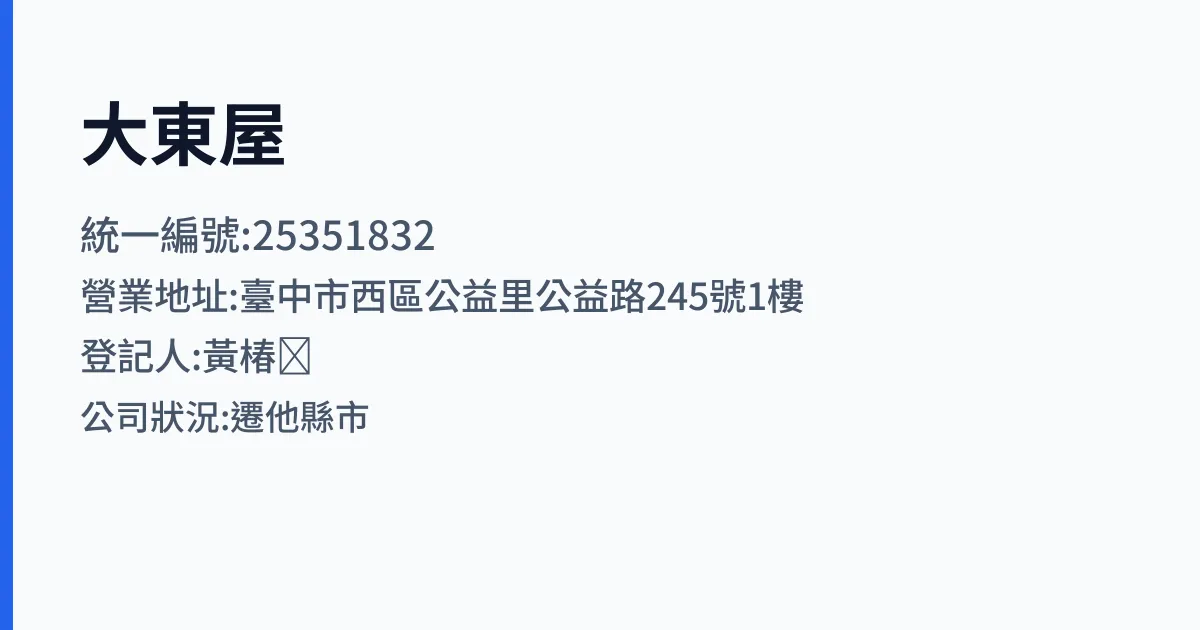 大東屋 - 統編 25351832(彰化縣) 公司登記資料與營業項目詳細圖表
