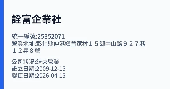 詮富企業社的照片-統編 25352071(彰化縣) 公司登記資料與營業項目詳細圖表