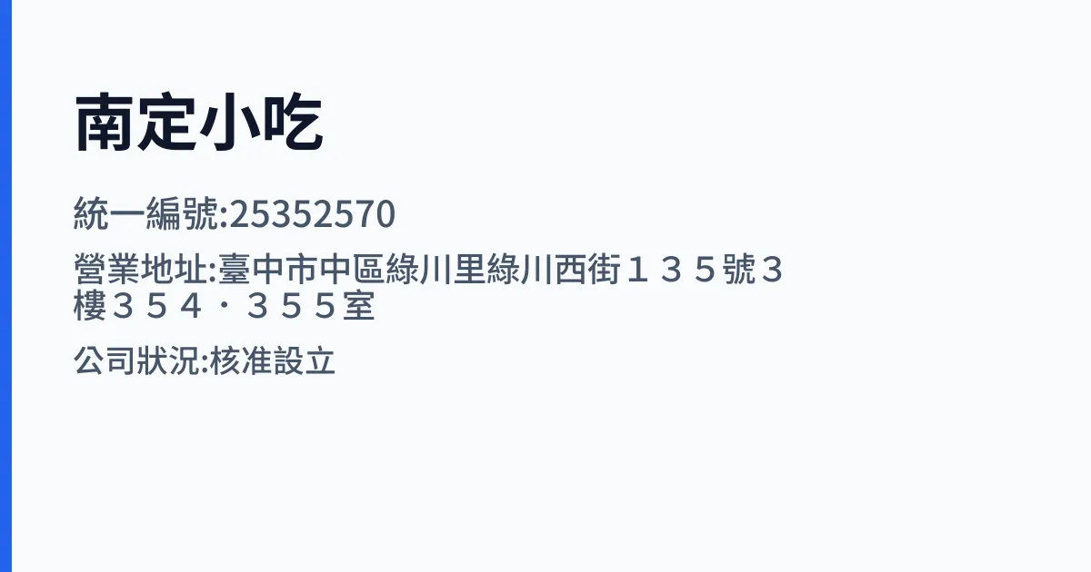 南定小吃 - 統編 25352570(臺中市) 公司登記資料與營業項目詳細圖表