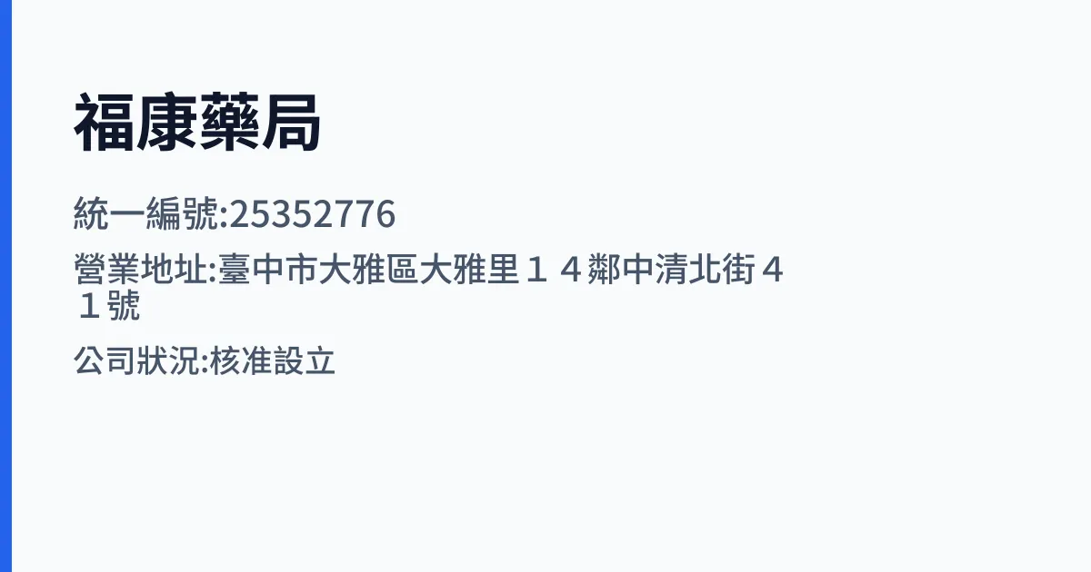 福康藥局 - 統編 25352776(臺中市) 公司登記資料與營業項目詳細圖表