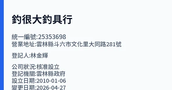 釣很大釣具行的照片-統編 25353698(雲林縣) 公司登記資料與營業項目詳細圖表