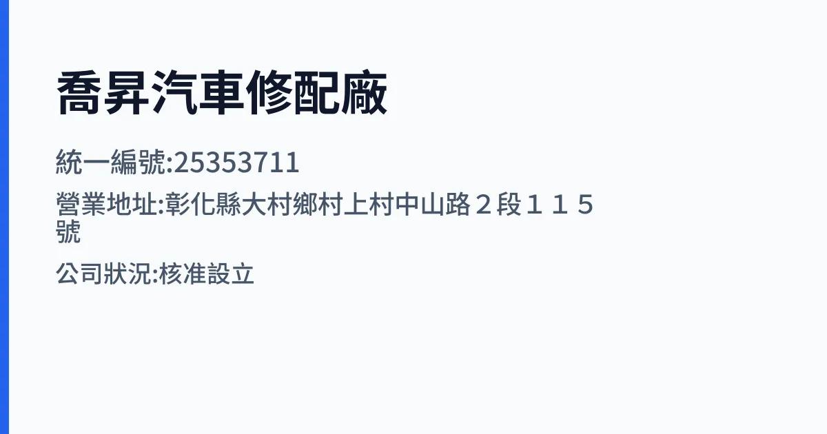 喬昇汽車修配廠 - 統編 25353711(彰化縣) 公司登記資料與營業項目詳細圖表