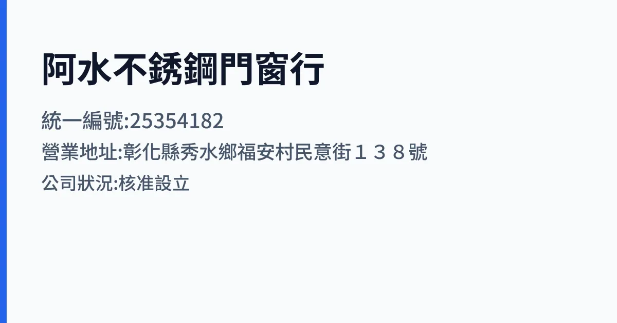 阿水不銹鋼門窗行 - 統編 25354182(彰化縣) 公司登記資料與營業項目詳細圖表